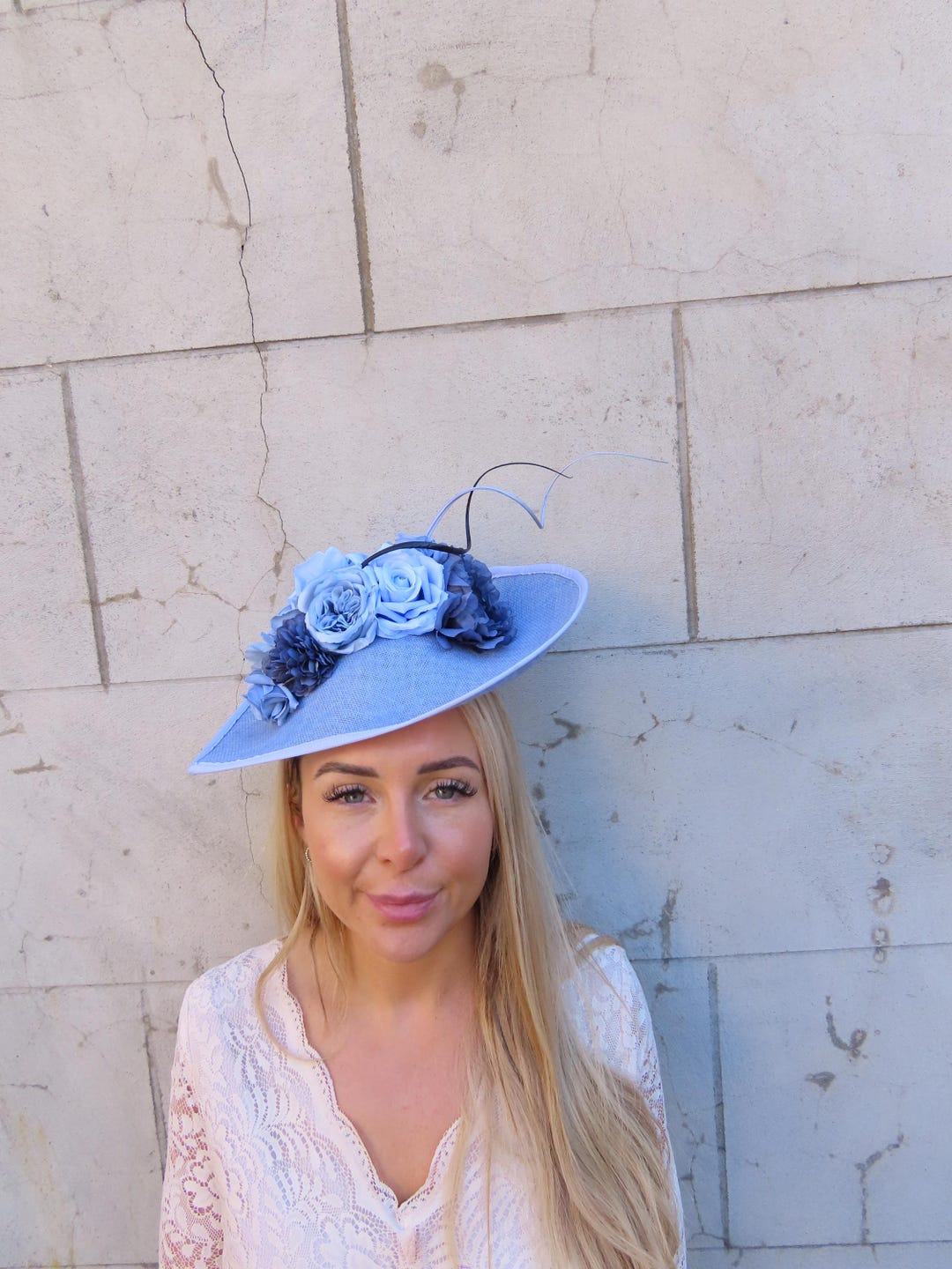 Large Navy Blue Light Cornflower Blue Flower Fascinator Hat Teardrop ...