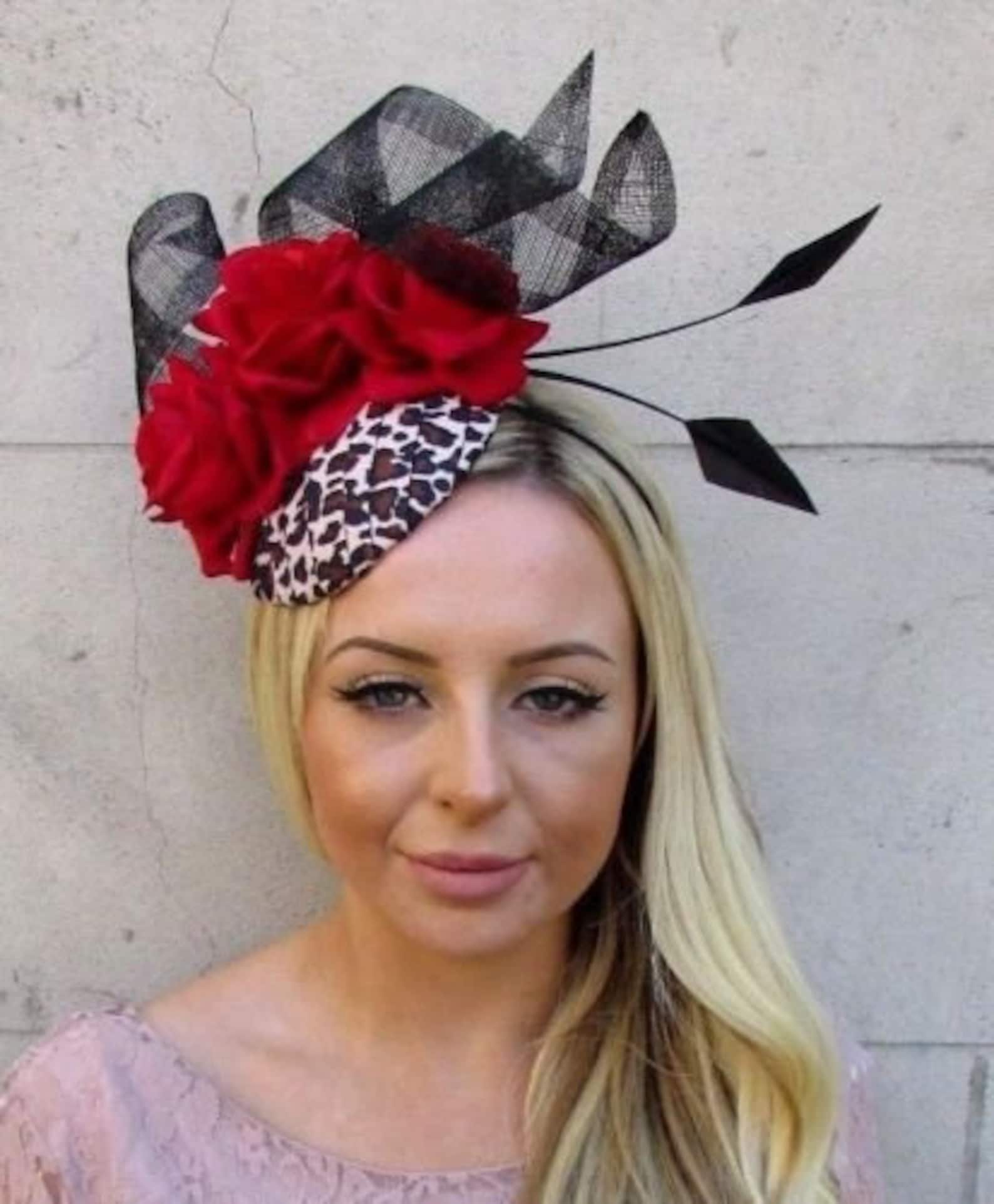 Leopard Print Black Red Rose Flower Feather Hat Fascinator Rockabilly ...
