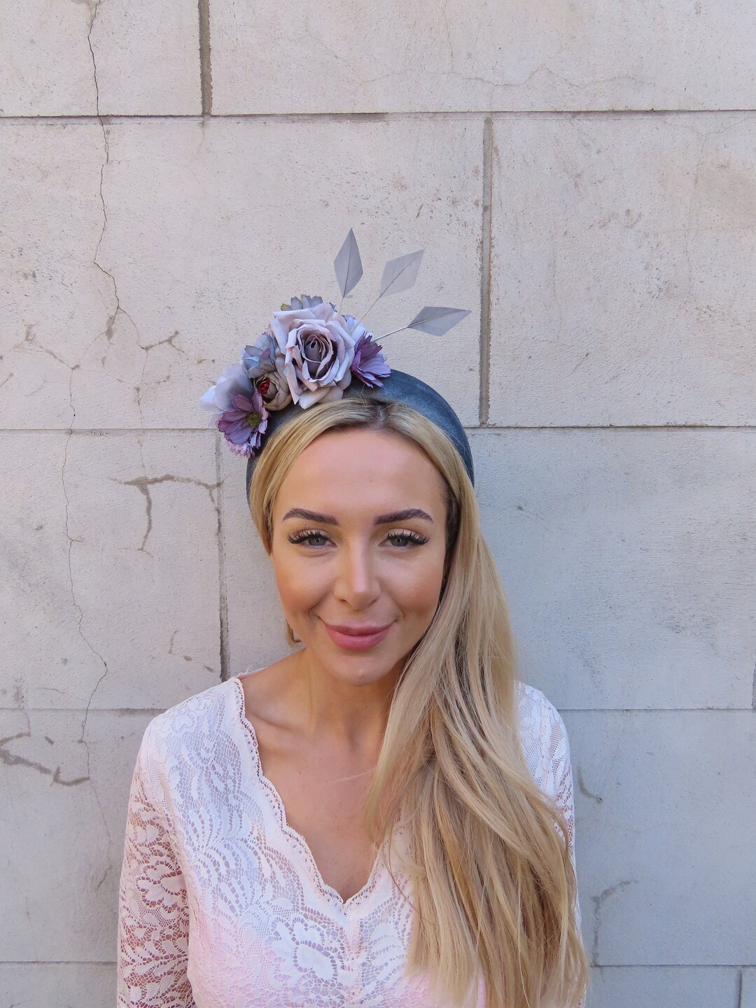 Grey & Dark Lavender Lilac Flower Velvet Padded Headband Fascinator ...