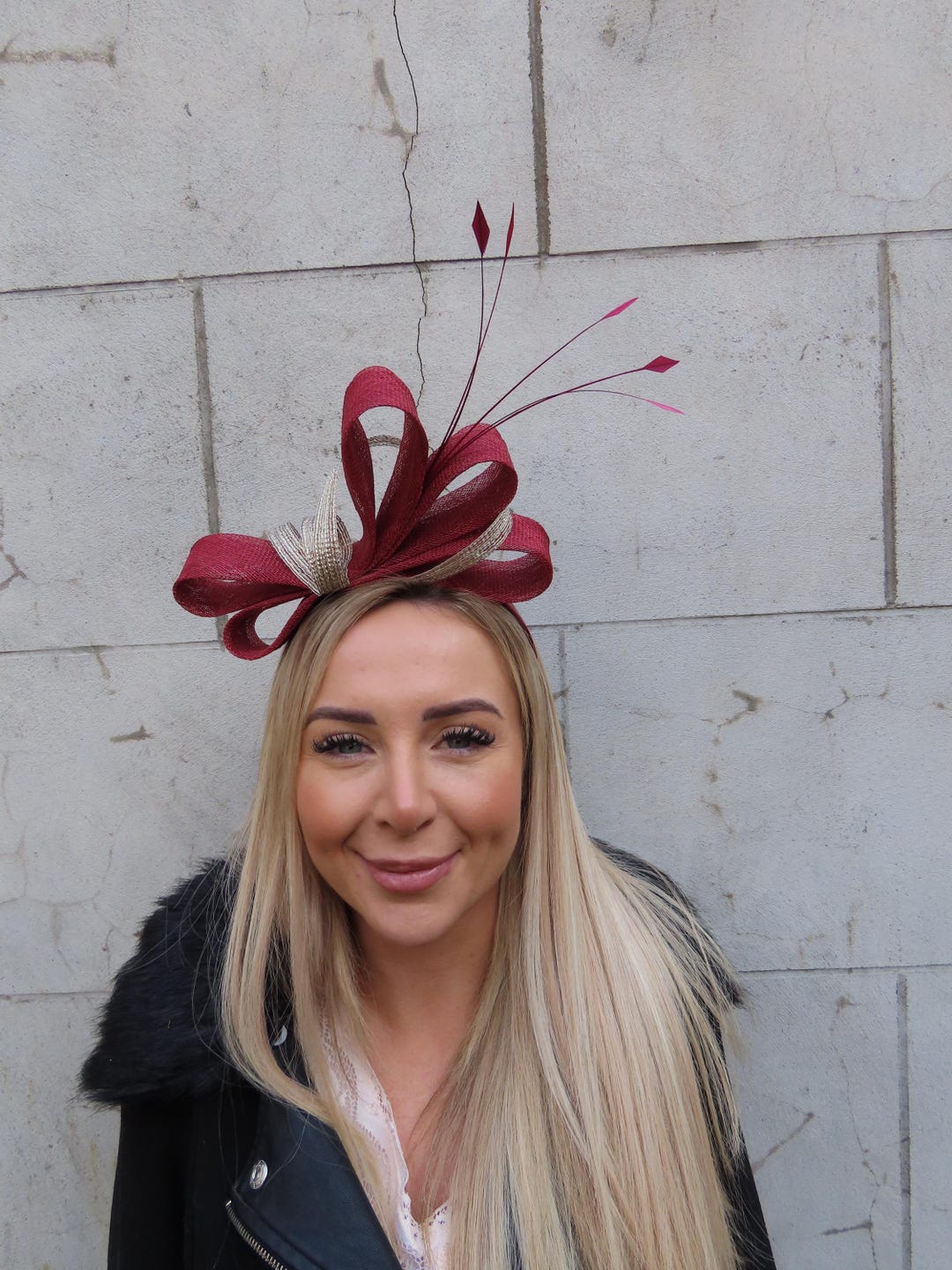 Burgundy & Gold Feather Fascinator Headband Headpiece Races Wedding ...
