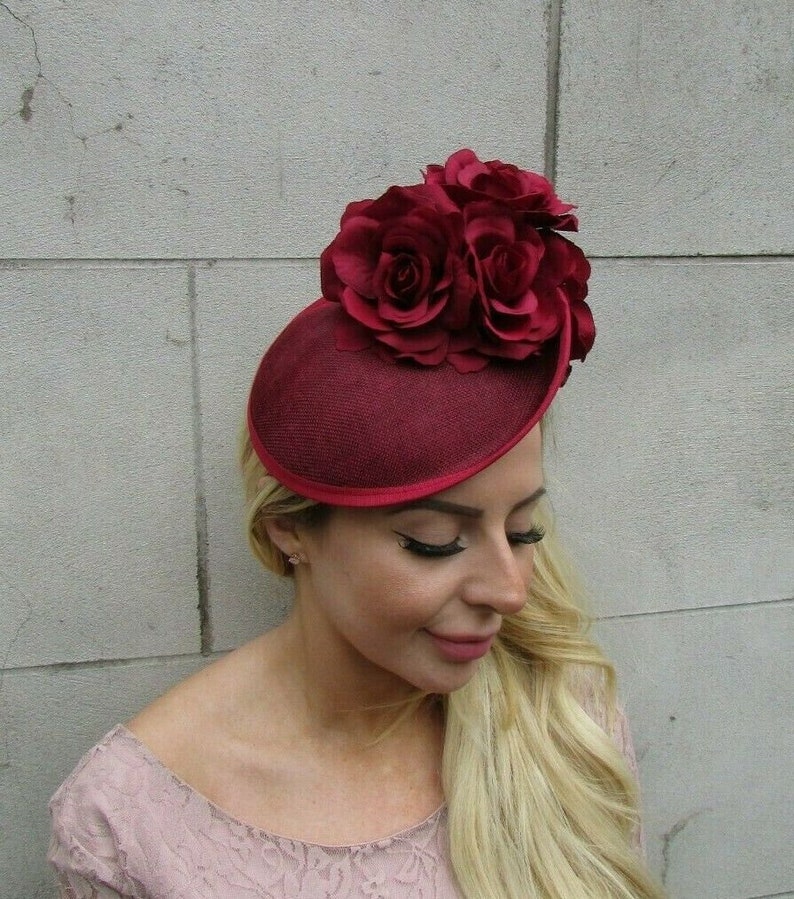 Burgundy Fascinator Hat Tilted Rose Flower Disc Headpiece - Etsy
