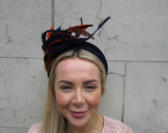 One off Piece Navy Blue Red Pheasant Feather Velvet Padded Headband ...