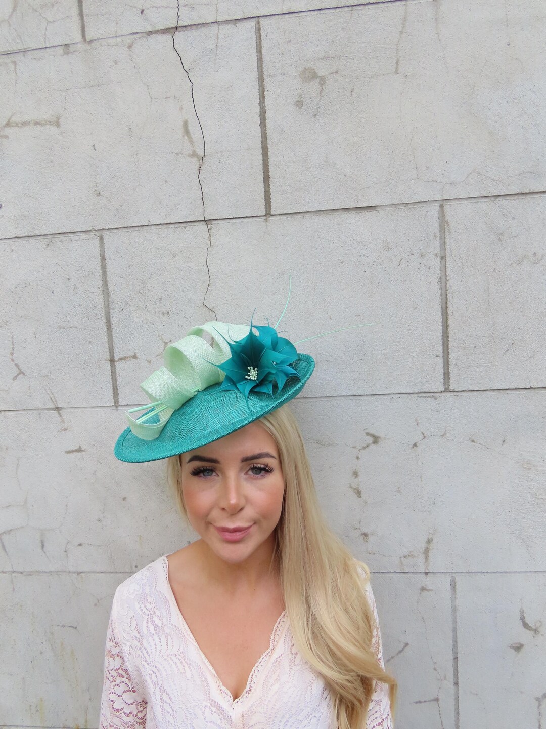One off Piece - Jade Green Mint Green Feather Flower Fascinator Hat ...