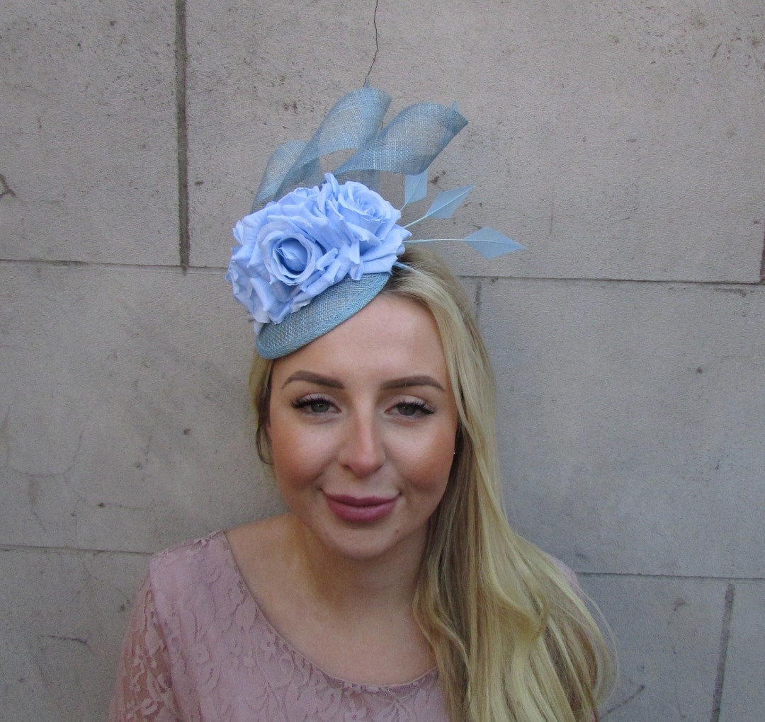 Light Blue Sinamay Rose Flower Feather Hat Fascinator Races Hair Band ...