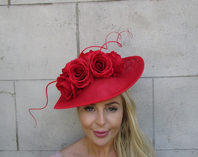 New Large Red Rose Flower Feather Teardrop Fascinator Hat Headband ...