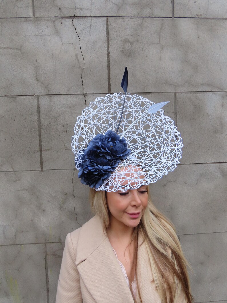 Large White & Navy Blue Flower Hat Fascinator Straw Hatinator One off ...