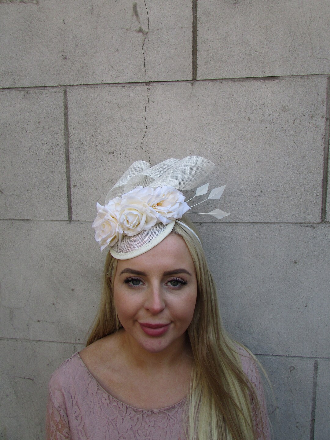Cream Sinamay Rose Flower Feather Hat Fascinator Races Wedding Floral ...