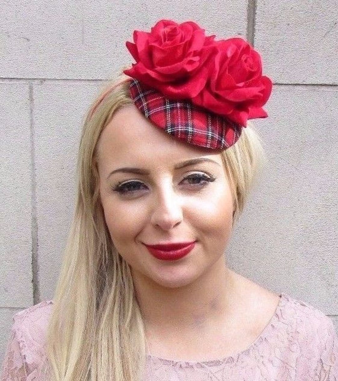 Red Rose Tartan Plaid Flower Fascinator Hat Races Wedding Hair ...