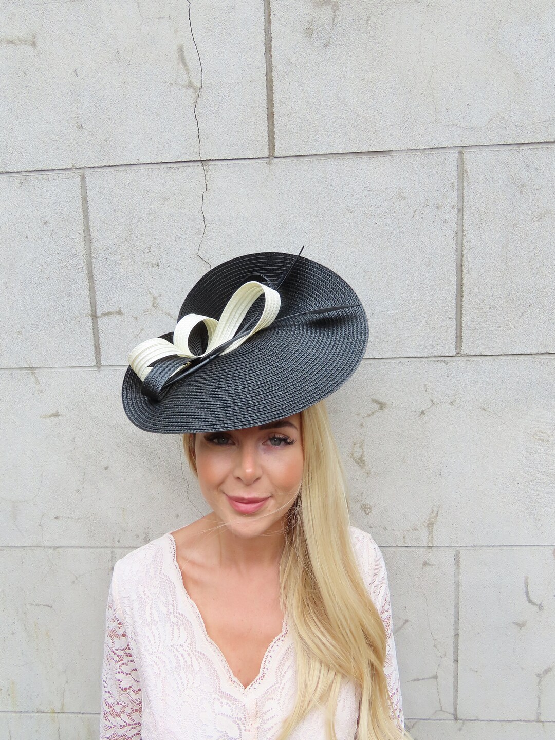 One off Piece Large Black & Cream Feather Straw Style Hat Fascinator ...