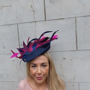 One off Piece Navy Blue & Pink Pheasant Feather Fascinator Hat Disc ...