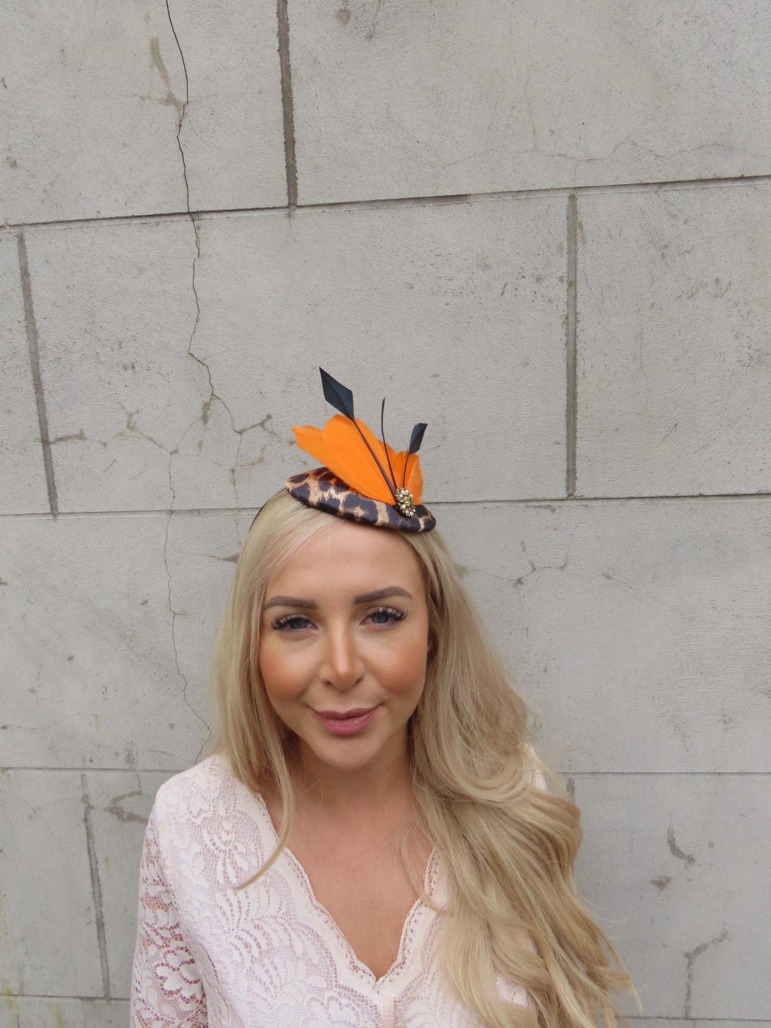 Black Orange & Gold Leopard Print Feather Fascinator Pillbox Hat Races ...