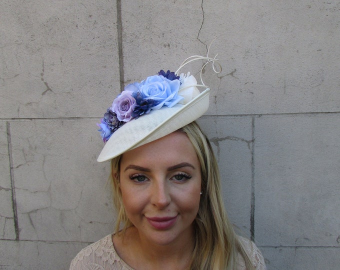 Large Cream & Cornflower Blue Lilac Ivory Rose Flower Fascinator Disc ...