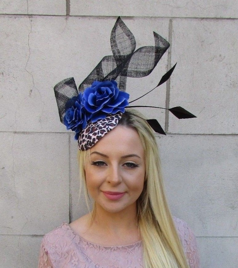 Leopard Print Black Royal Blue Flower Feather Hat Fascinator | Etsy