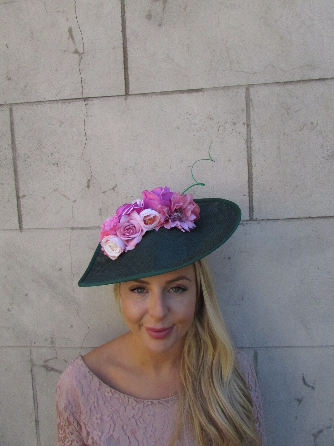 Large Bottle Green Dusky Dusty Mauve Lilac Pink Rose Flower Fascinator ...