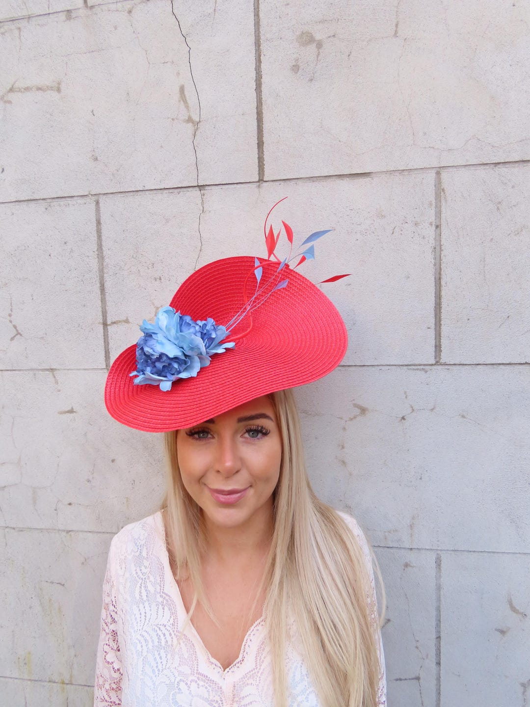 One off Piece Large Red & Cornflower Light Blue Flower Feather Hat ...
