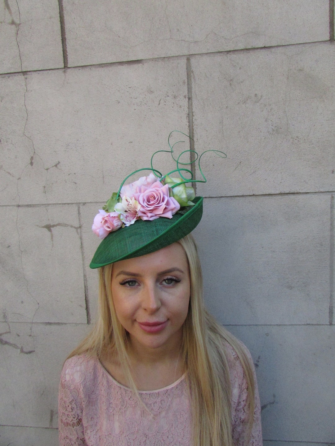 Emerald Green Light Blush Pink Dusky Flower Fascinator Feather Hat Disc ...