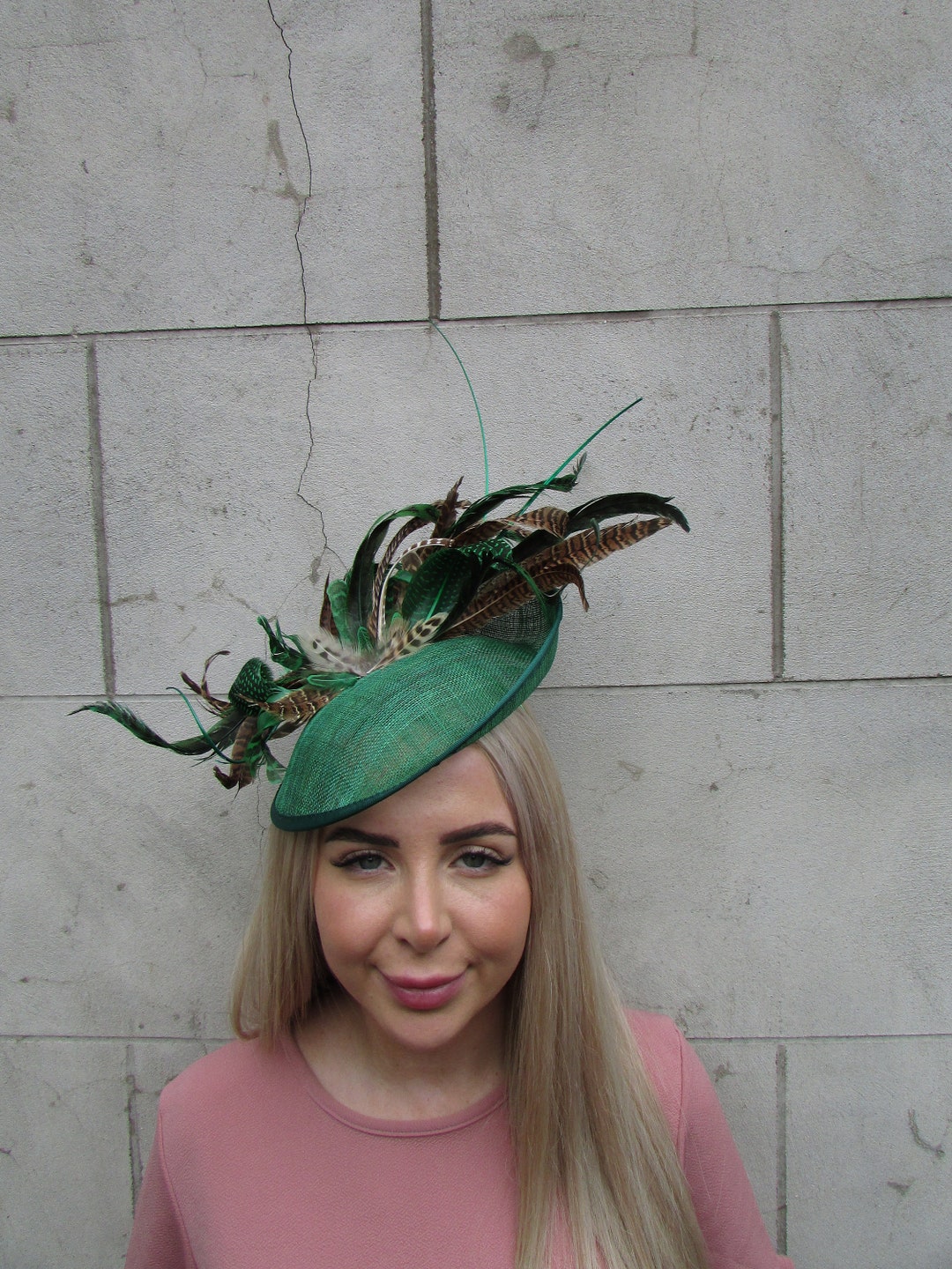 Green Brown Pheasant Feather Fascinator Disc Saucer Hat Sinamay Wedding ...