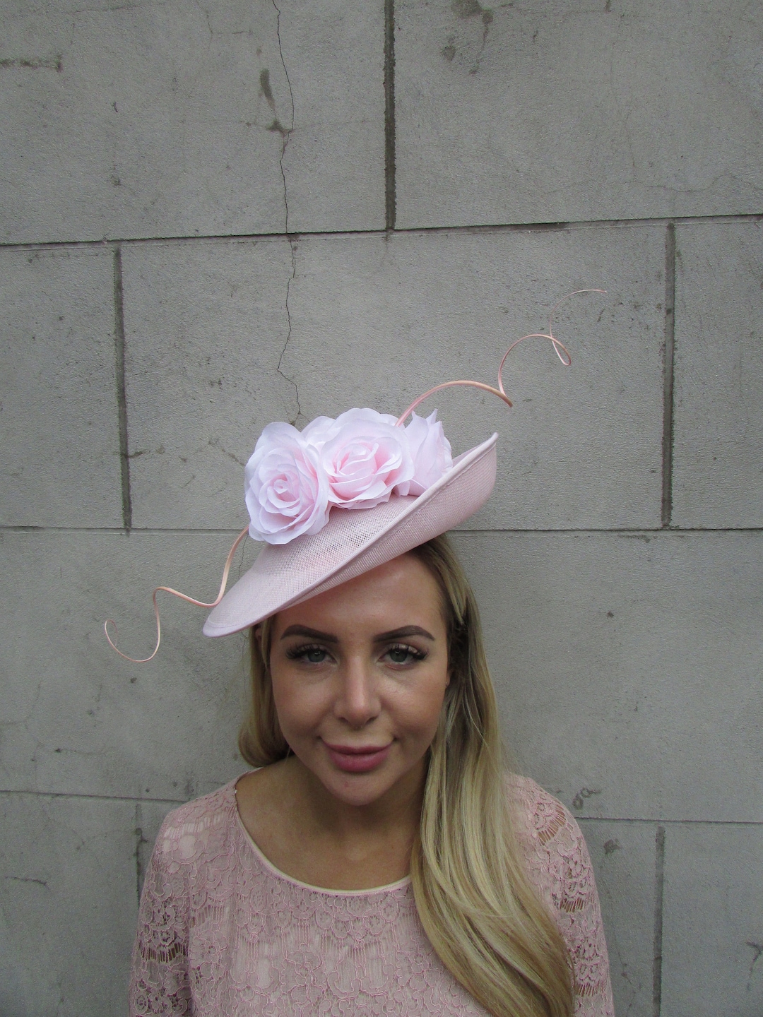 Large Blush Peachy Pink Rose Flower Fascinator Disc Hat Races Hatinator ...