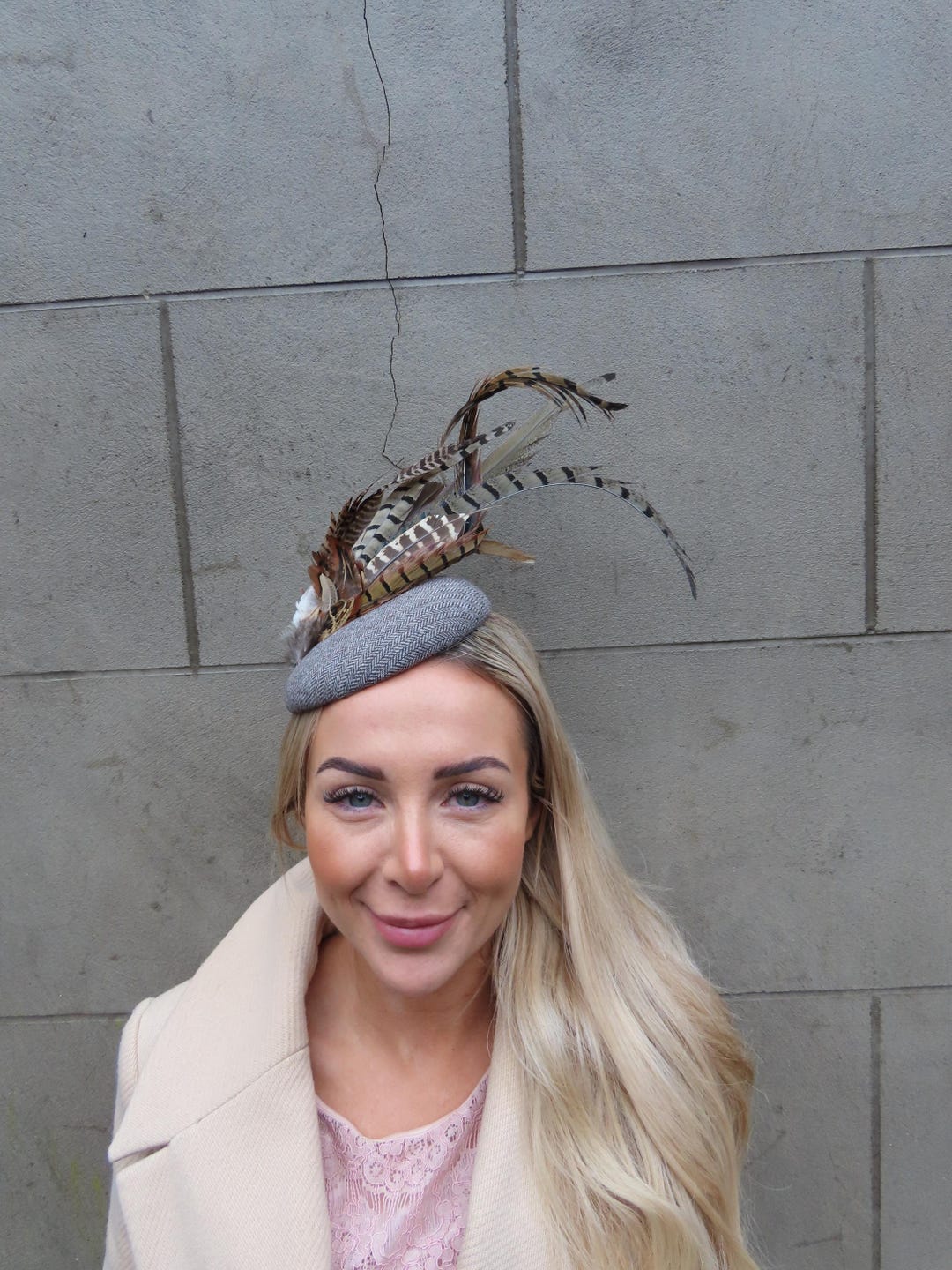 One off Piece - Tweed Beige Grey Brown Pheasant Feather Pillbox Hat ...
