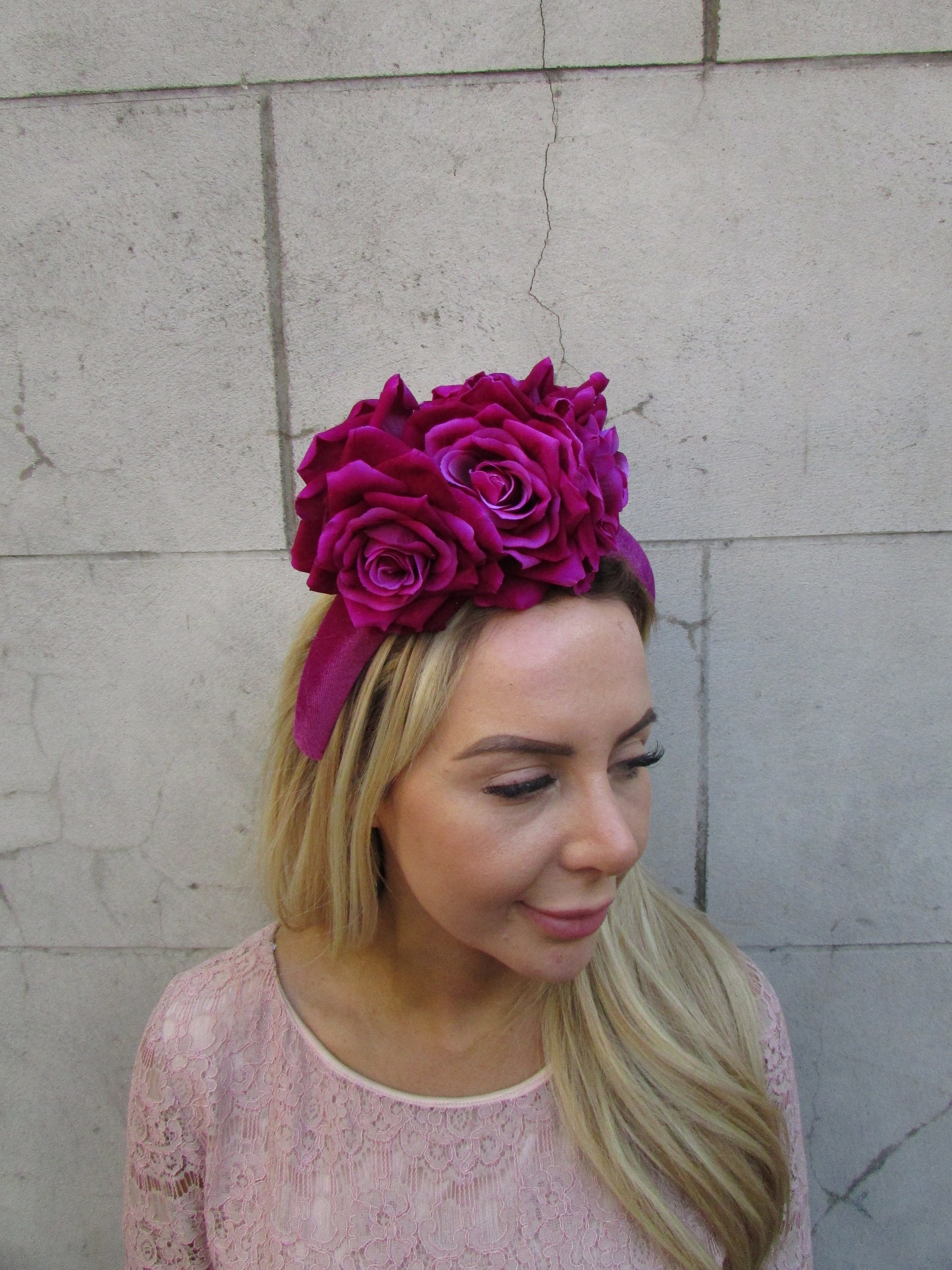 Fuchsia Magenta Pink Rose Flower Velvet Padded Headband Fascinator ...
