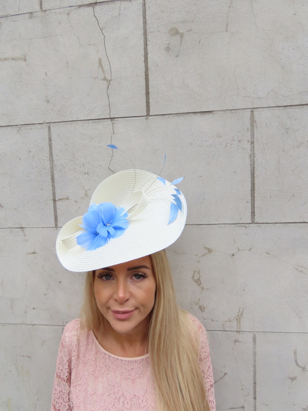 One off Piece Large Light Cornflower Blue & Cream Straw Style Feather ...