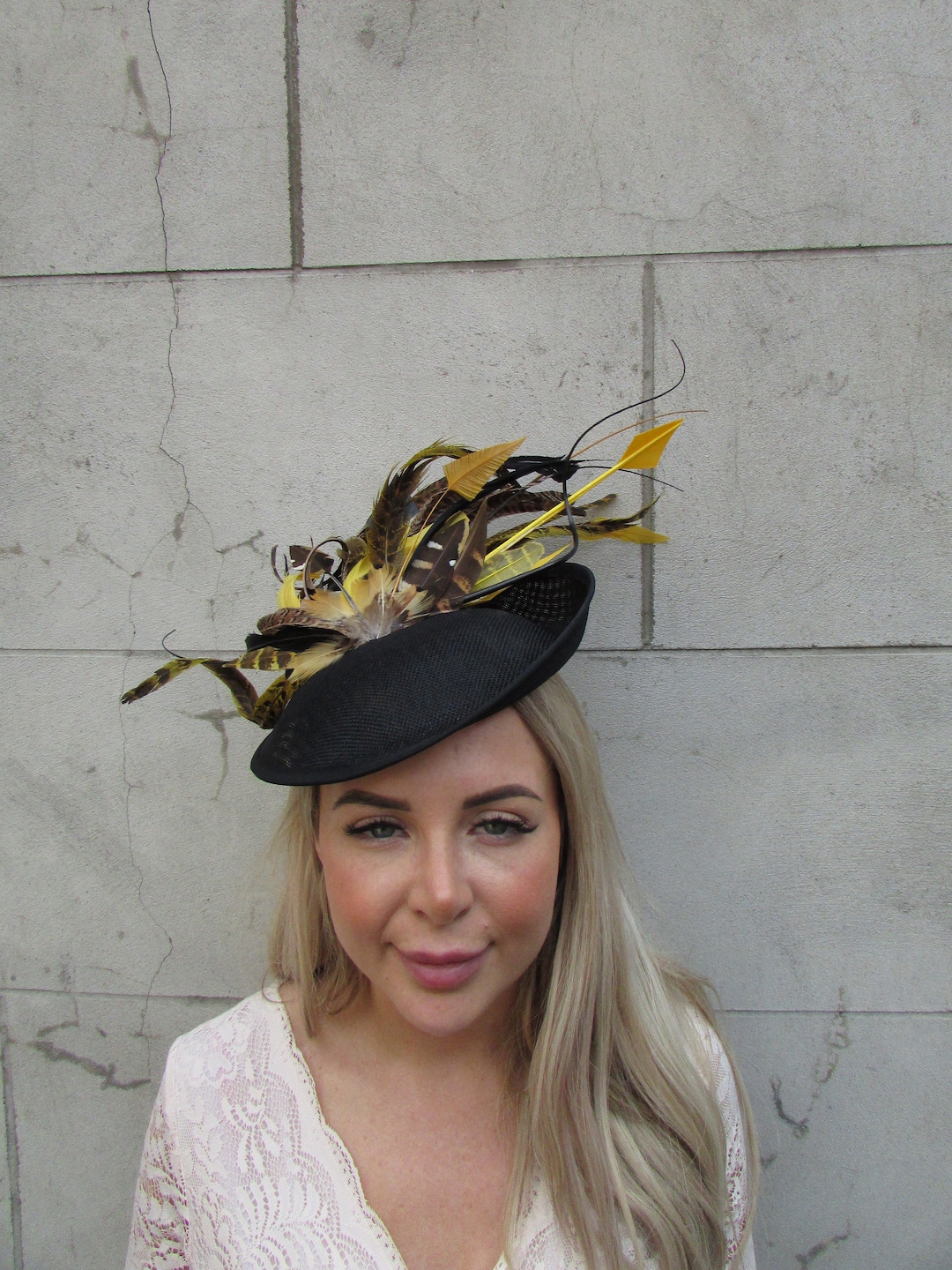 Black & Mustard Yellow Feather Fascinator Hat Disc Saucer Races ...