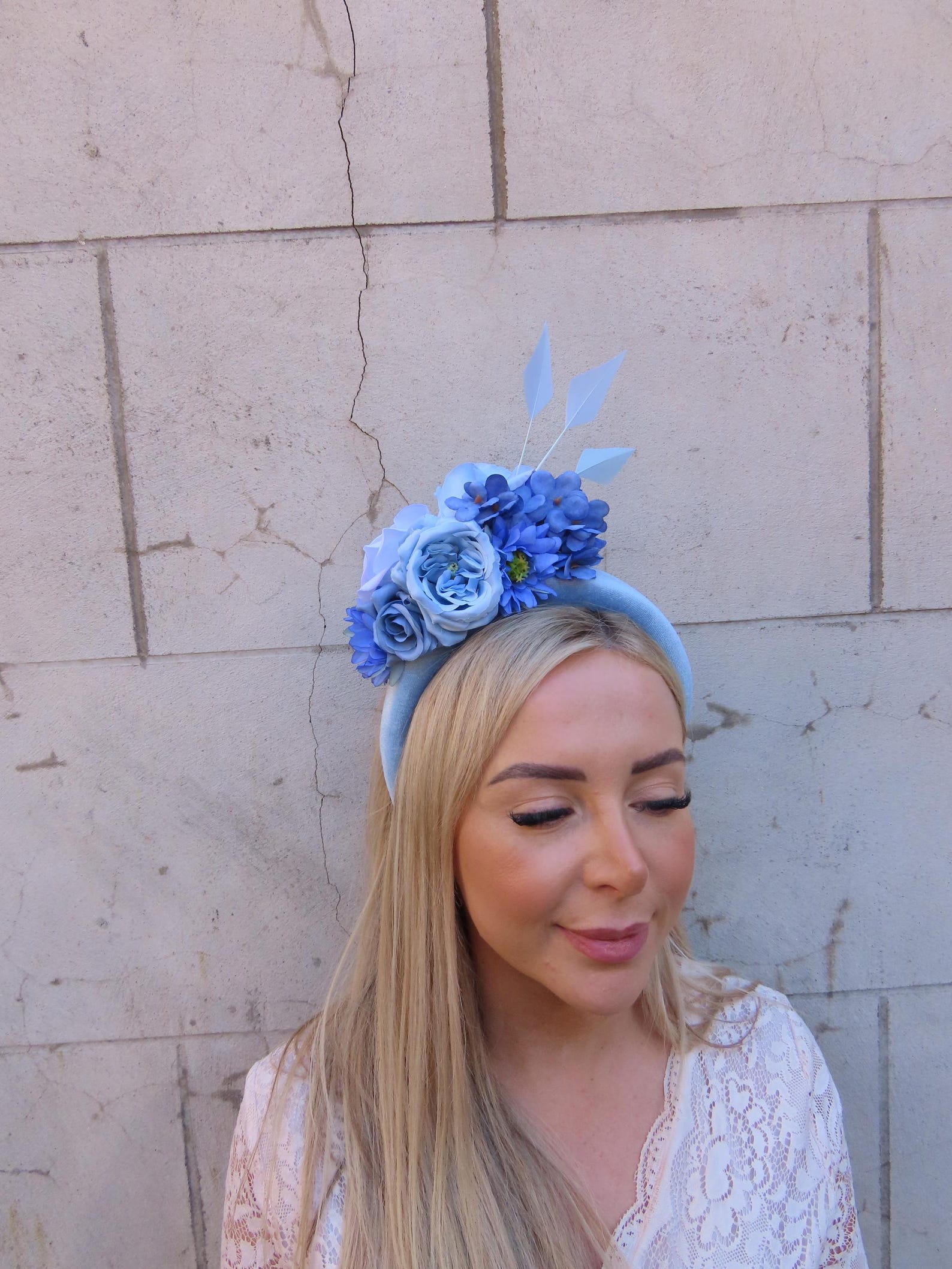 Light Blue Cornflower Blue Flower Velvet Padded Headband Feather ...