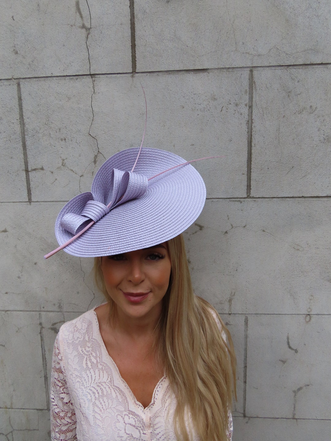 One off Piece Large Lavender Straw Style Hat Feather Fascinator Wedding ...