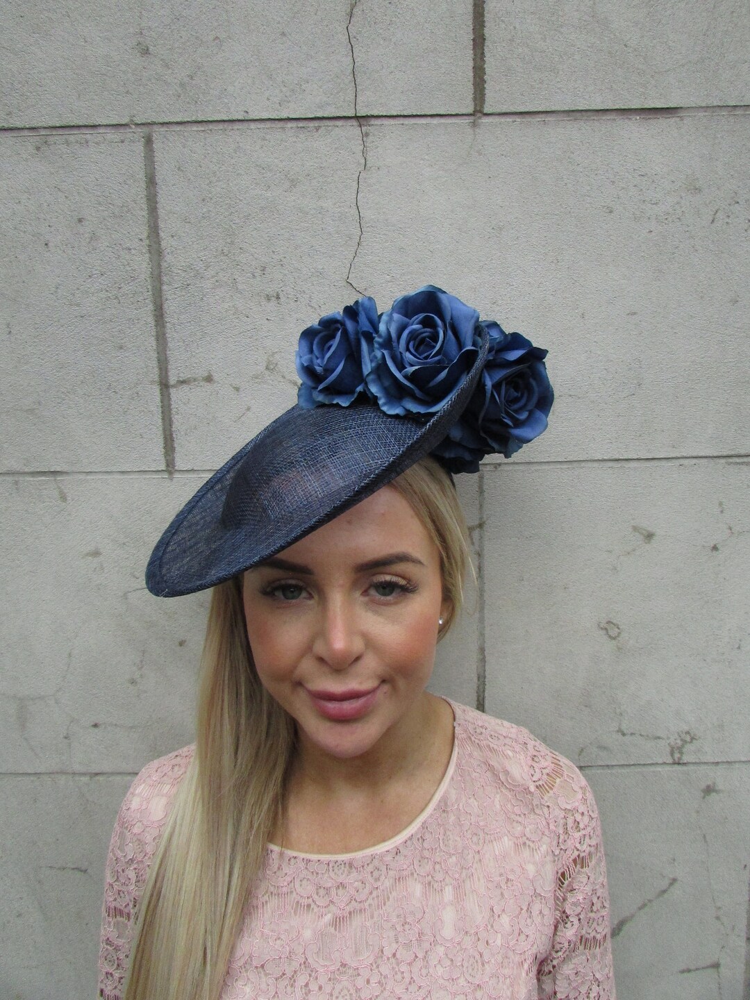Large Navy Blue Sinamay Rose Flower Floral Disc Saucer Feather Hat ...