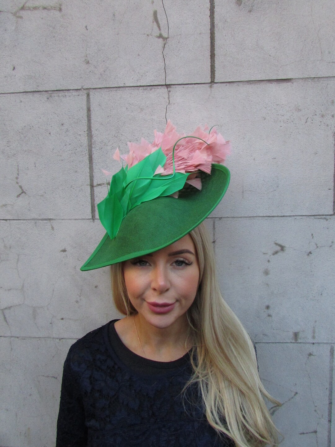 Large Bright Emerald Green Dusky Pink Feather Fascinator Hat Teardrop ...