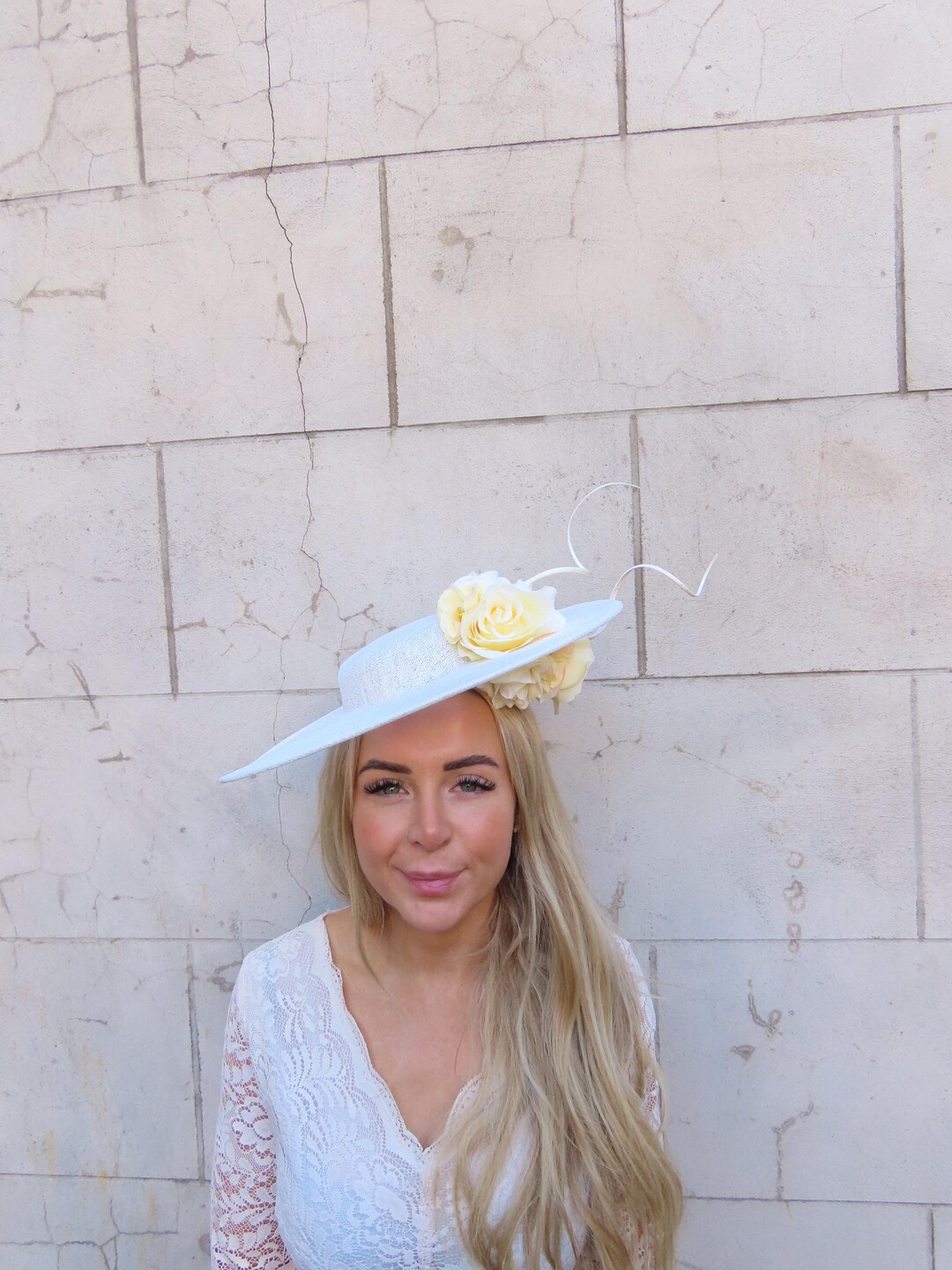 Large Cream Ivory Lemon Yellow Boater Hatinator Wedding Guest Races ...