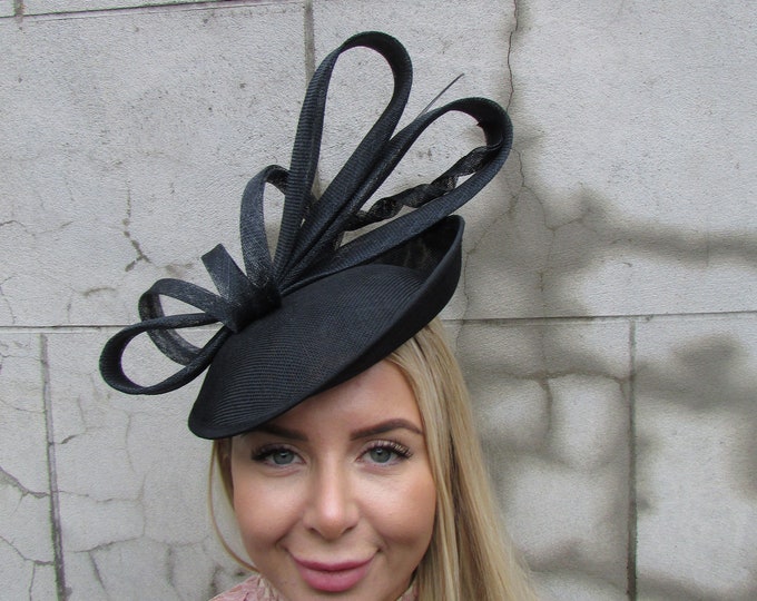 Large Black Disc Saucer Feather Hat Fascinator Wedding Guest Ascot ...