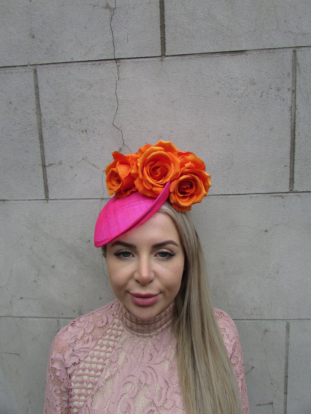 Orange Hot Pink Fascinator Hat Sinamay Disc Saucer Headpiece Rose ...