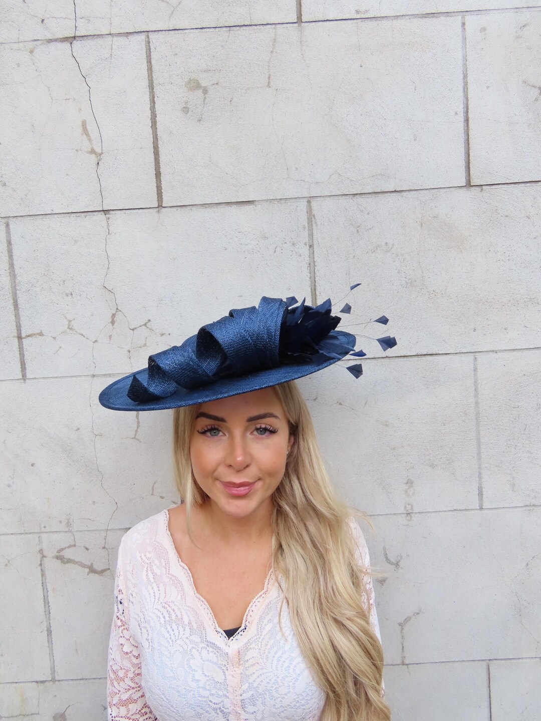 Large Navy Blue Feather Hat Sinamay Hatinator Boater One off Piece ...
