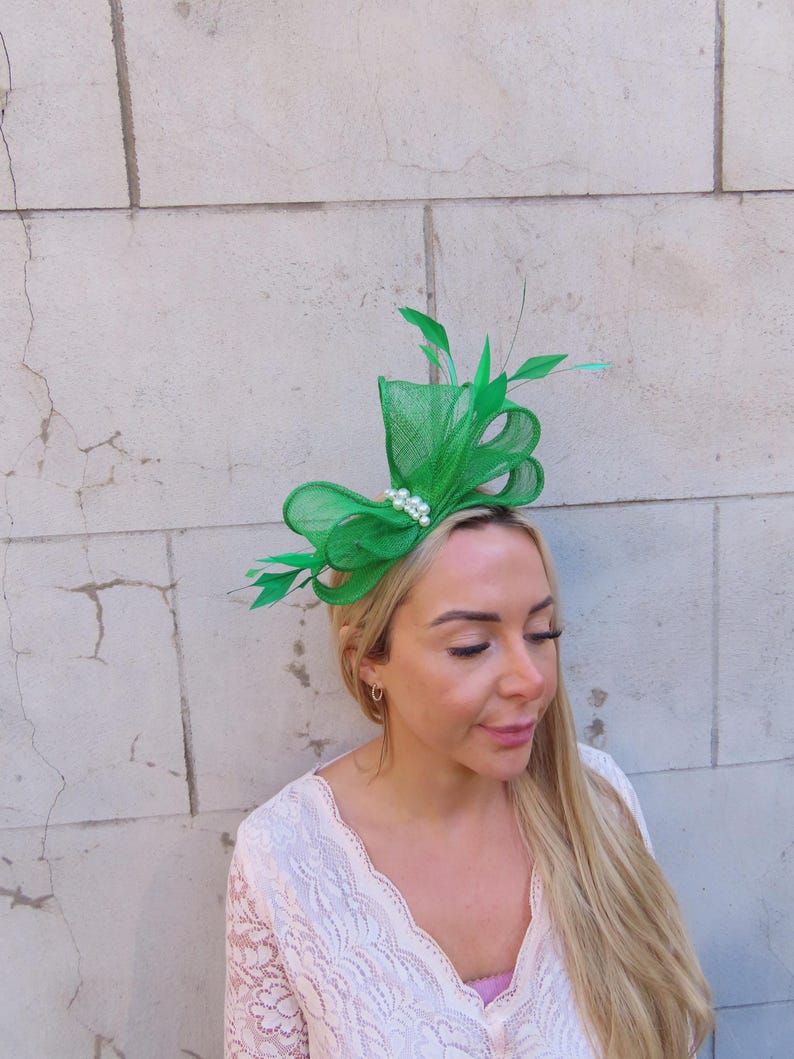 Emerald Green Ivory Pearl Feather Fascinator Headband Sinamay U12309 ...