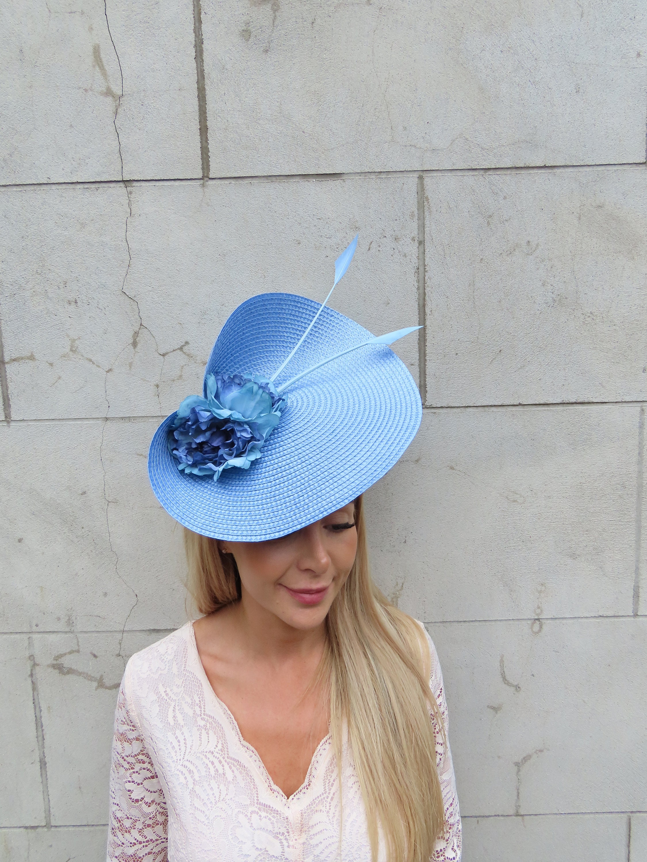 One off Piece Large Light Blue Flower Straw Style Hat Fascinator ...