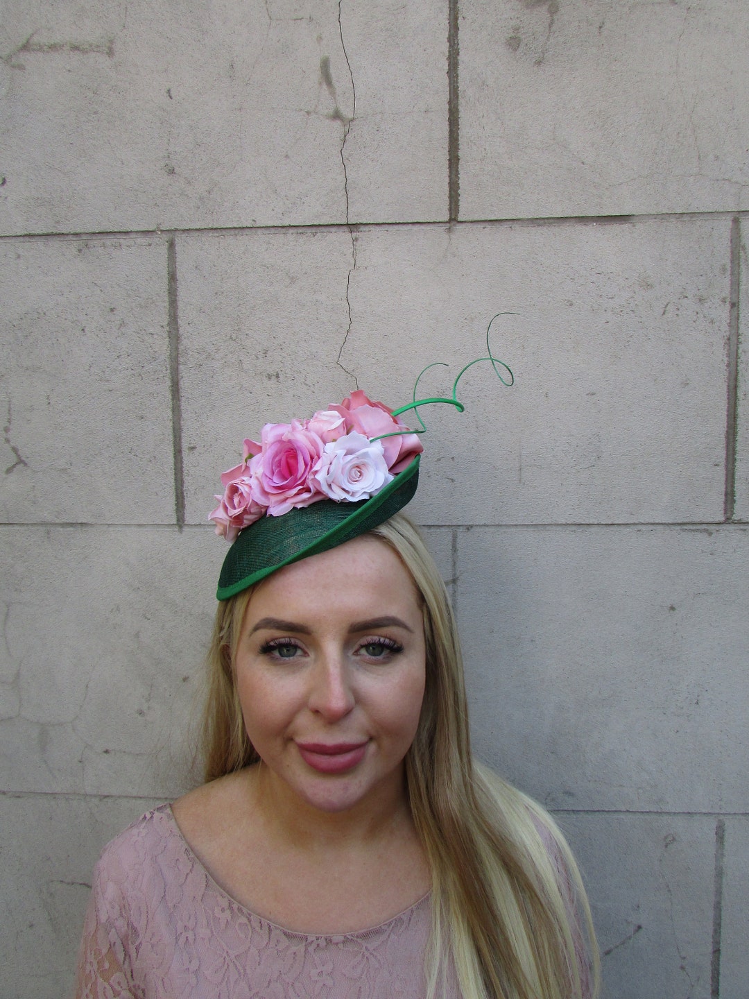 Emerald Green Blush Pink Dusky Pink Feather Flower Saucer Disc Hat ...