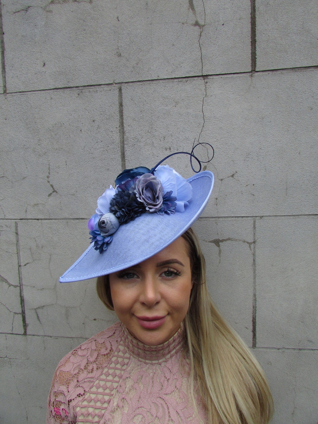 Large Navy Blue Light Cornflower Blue Rose Flower Fascinator Hat Big ...