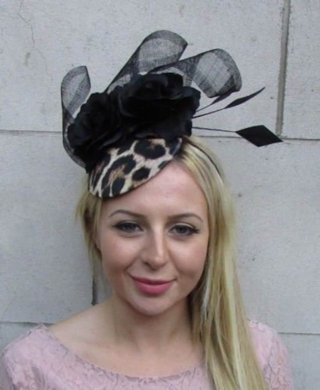 Leopard Print Black Rose Flower Feather Hat Fascinator Races Wedding ...