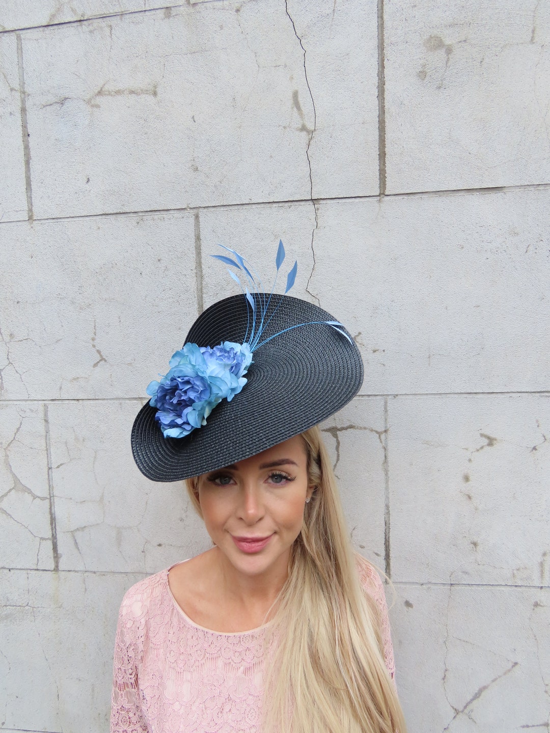 Large Black & Cornflower Blue Teal Flower Feather Straw Style Hat ...