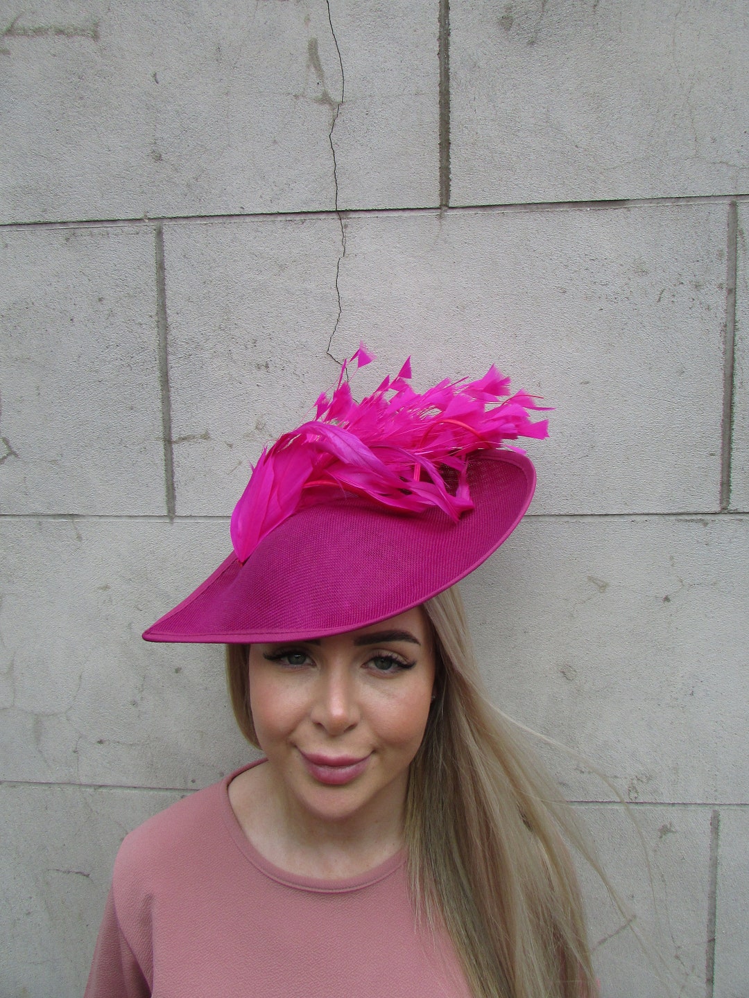 Large Fuchsia Pink Feather Fascinator Hat Big Teardrop Wedding Mother ...