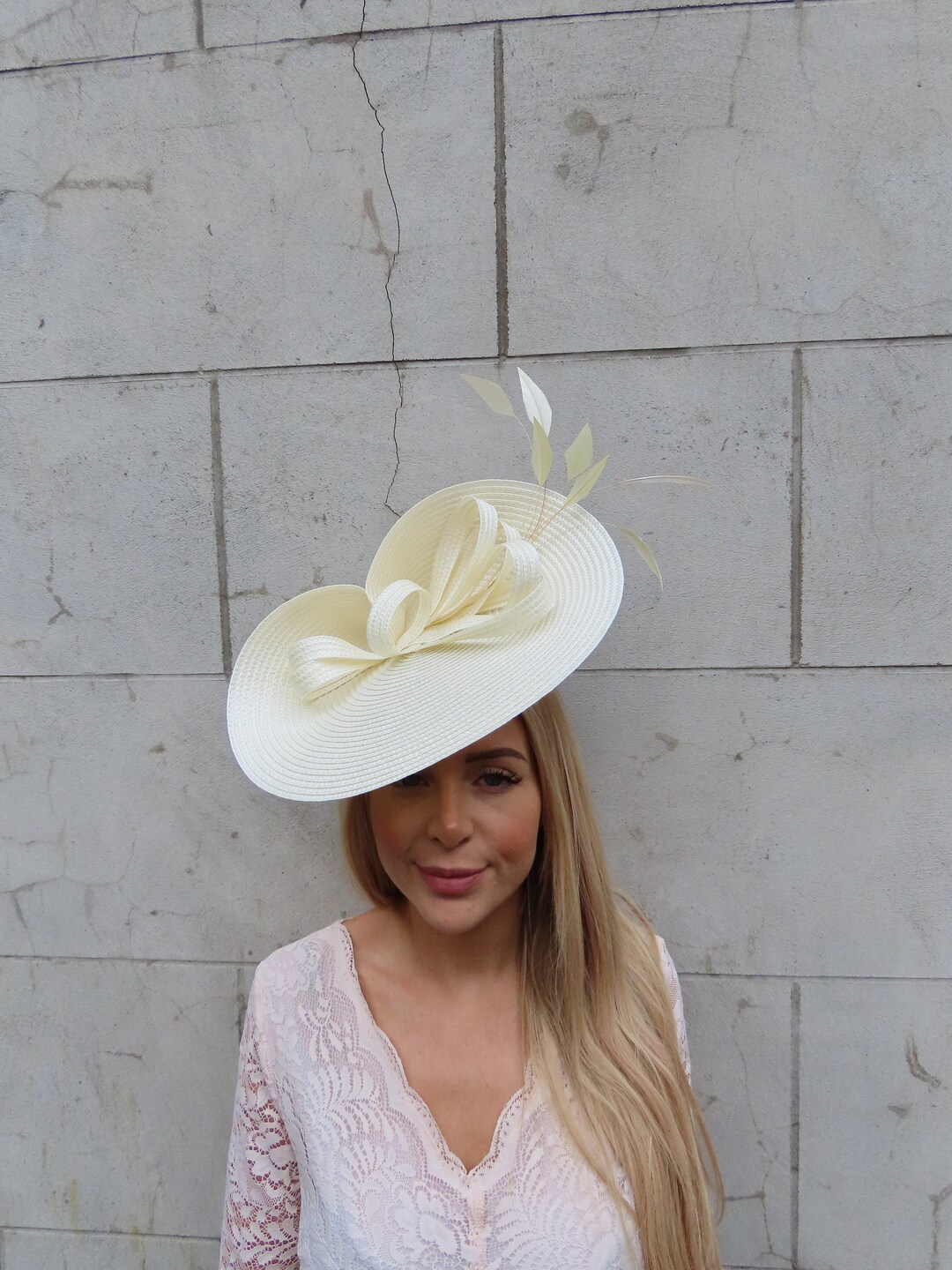 One off Piece Large Cream Feather Straw Style Hat Fascinator Wedding ...