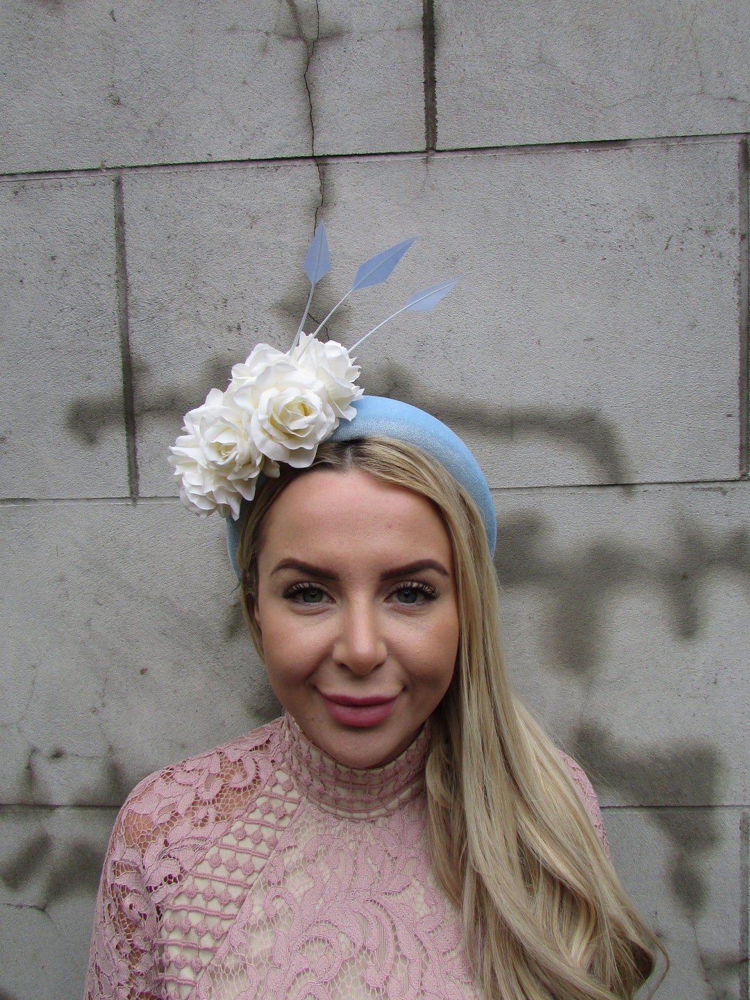 Light Blue Cream Rose Flower Velvet Padded Headband Fascinator ...