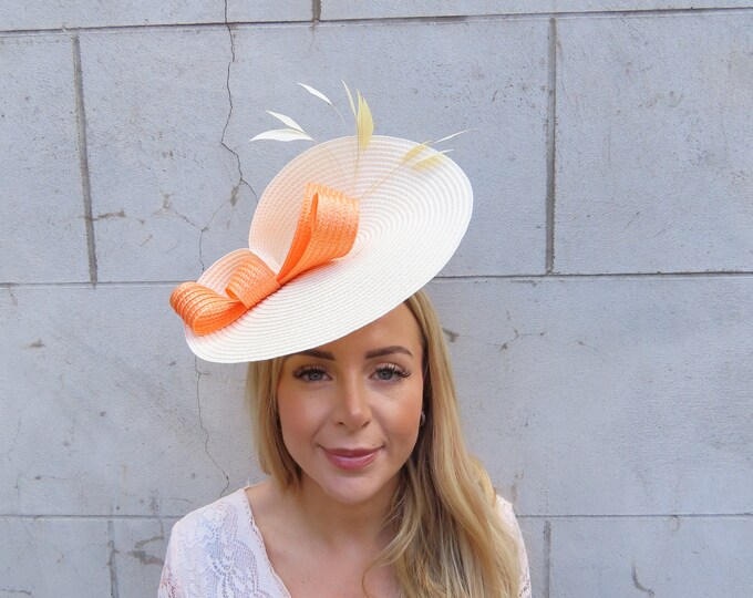 One off Piece Large Cream & Orange Feather Straw Style Hat Fascinator ...