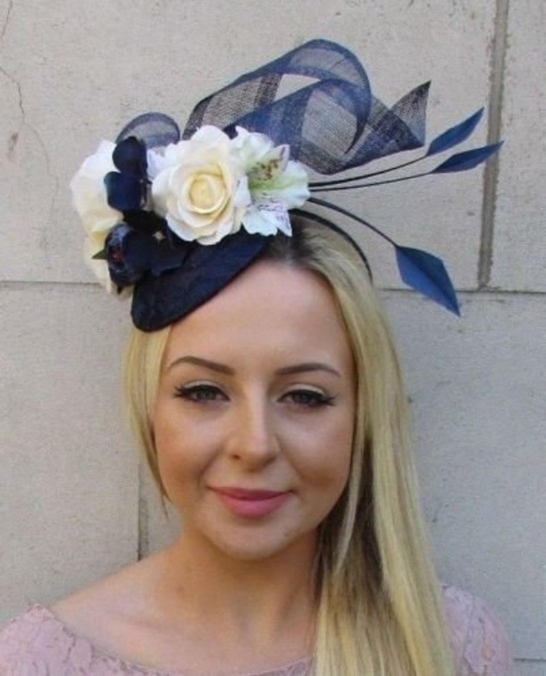 Cream Navy Blue Rose Flower Feather Hat Hair Fascinator Races - Etsy