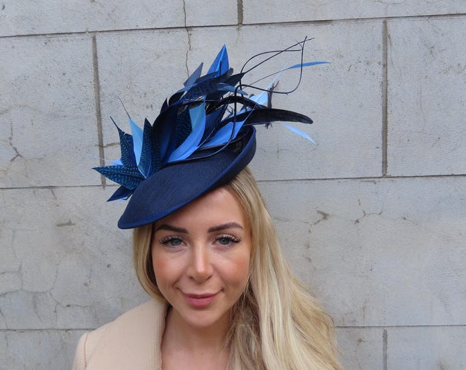 Navy Blue Royal Cornflower Light Blue Statement Feather Fascinator Disc ...