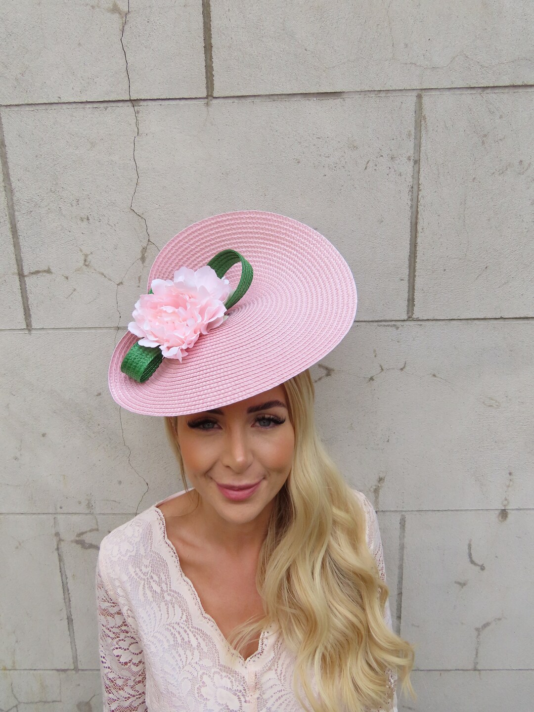 One off Piece Large Emerald Green Blush Dusky Pink Straw Style Hat ...
