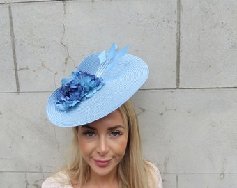 Large Light Blue & Cream Pearl Straw Style Hat Fascinator Wedding Guest ...