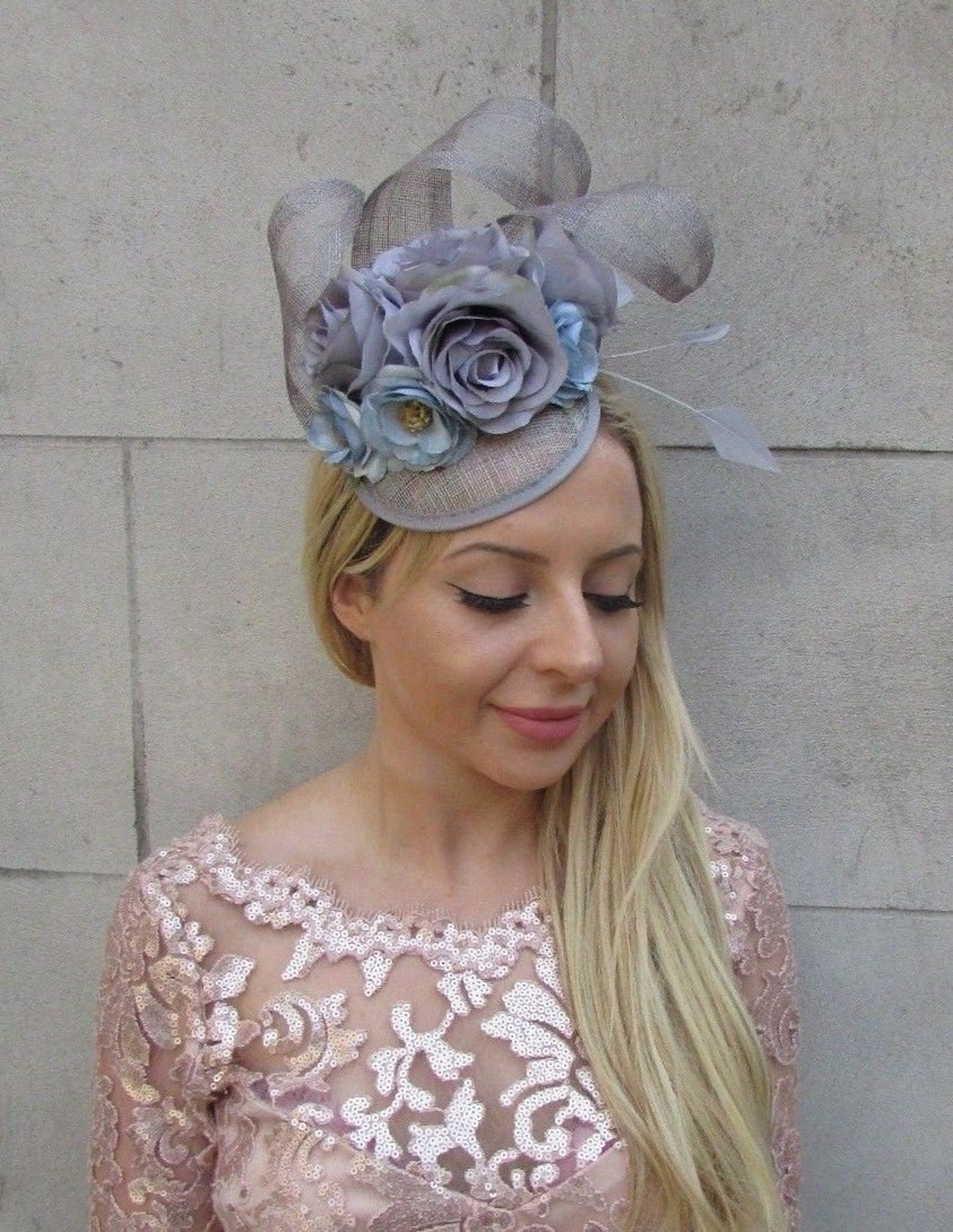 Grey Light Blue Sinamay Rose Flower Feather Pillbox Hat | Etsy