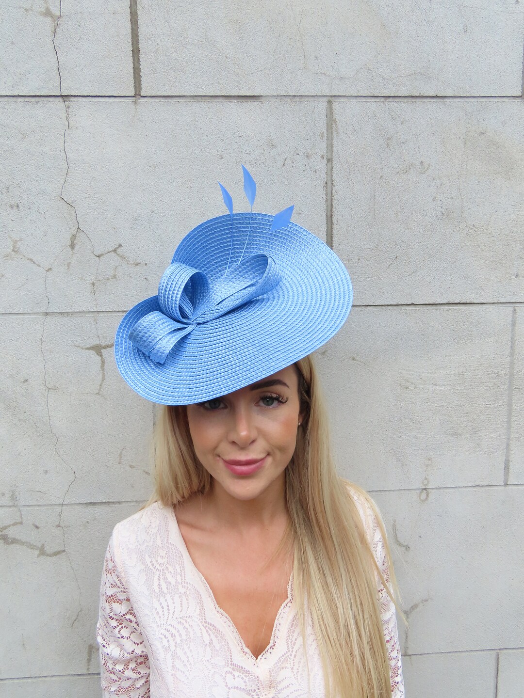 One off Piece Large Light Blue Feather Straw Style Hat Fascinator ...